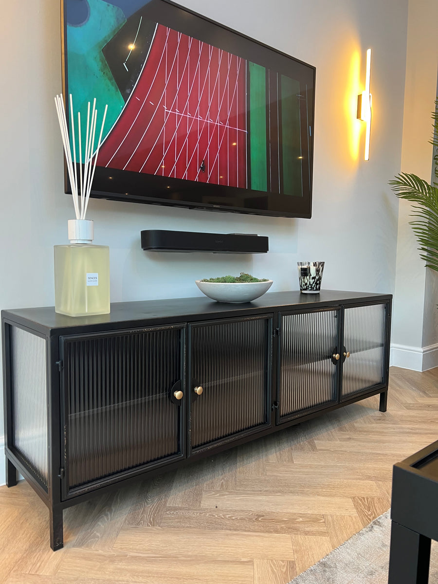 Distressed black metal tv cabinet with ribbed glass – Ellie's Finishing ...