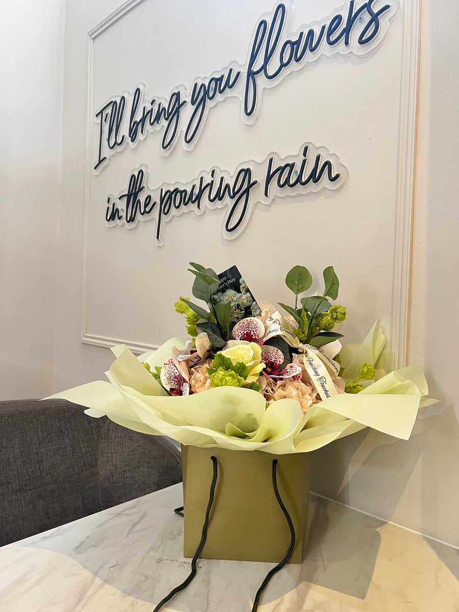 ‘Mamma Mia ’ small faux floral display | in gift bag with glass fishbo ...